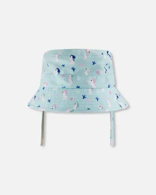 DEUX PAR DEUX Wide Brim Seahorse Beach Hat - Blue Seahorse Print