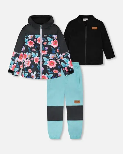 DEUX PAR DEUX 3-in-1 Printed Mid-season Outerwear Set - Black Printed Flowers