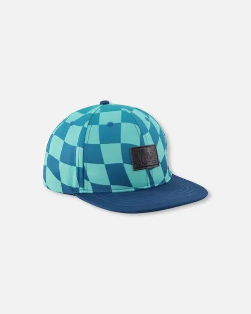 DEUX PAR DEUX Flat Brim Checkerboard Cap - Teal Printed Checkerboard