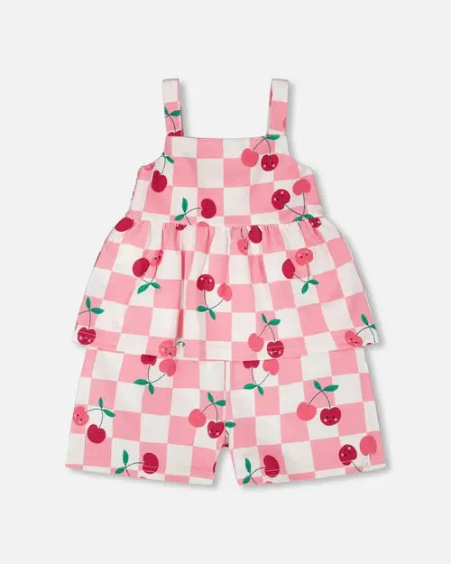 DEUX PAR DEUX Organic Cotton Jersey Cherries Sleeveless Romper - Pink Printed Cherries