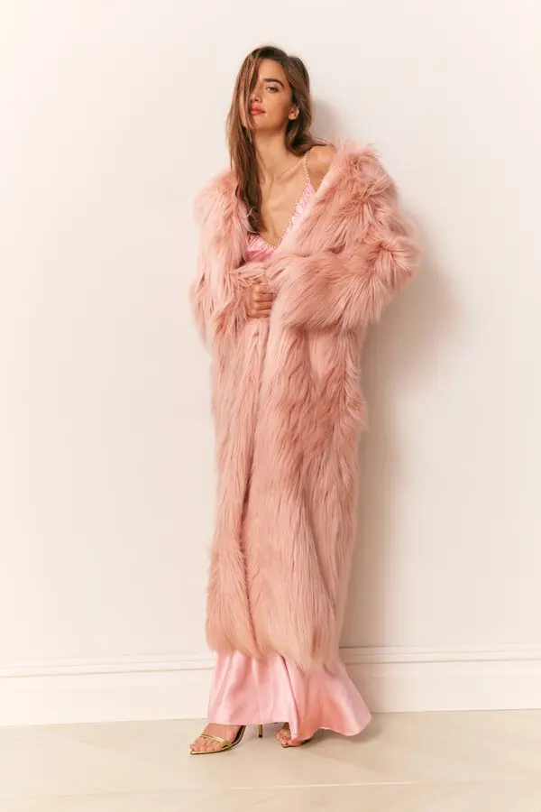 LoveShackFancy Valia Long Faux Shearling Coat - Dusty Pink