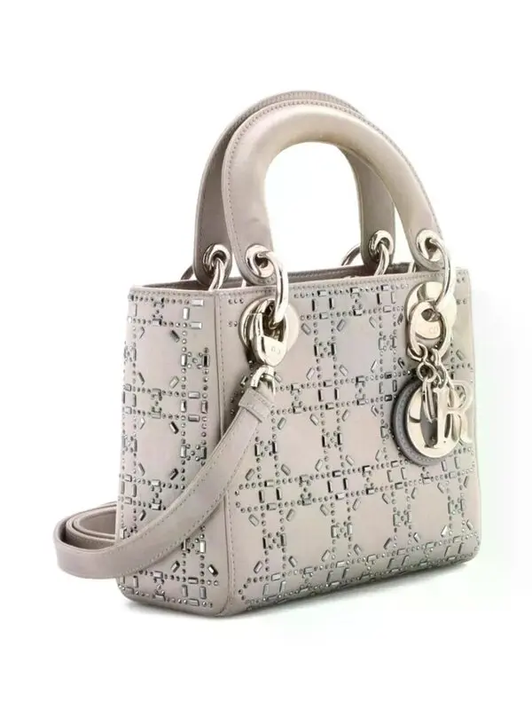 Dior Lady Mini Satchel Crystal Embellished Cannage Quilt - Grey