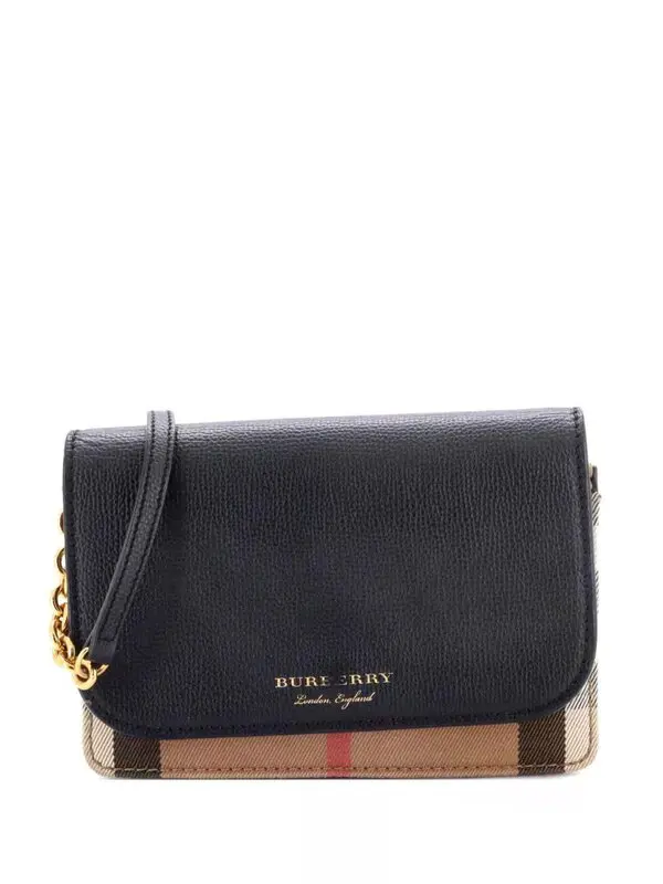 Burberry Hampshire Wallet On Chain Leather And House Check Canvas Crossbody Bag - Black