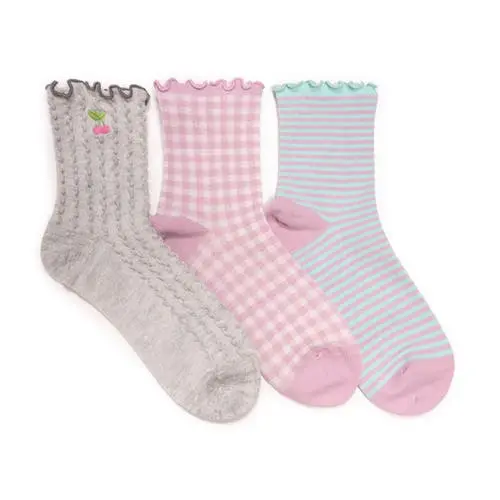 MUK LUKS Embroidered Quarter Crew Socks 3 Pair Pack - Grey/pink