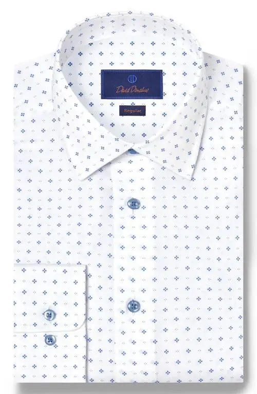 David Donahue Regular Fit Neat Cotton Dobby Dress Shirt - White/blue