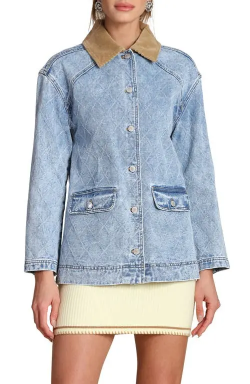 Avec Les Filles Relaxed Contrast Collar Barn Jacket - Light Wash Diamond