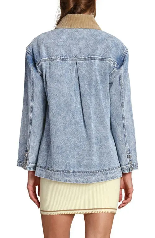 Avec Les Filles Relaxed Contrast Collar Barn Jacket - Light Wash Diamond