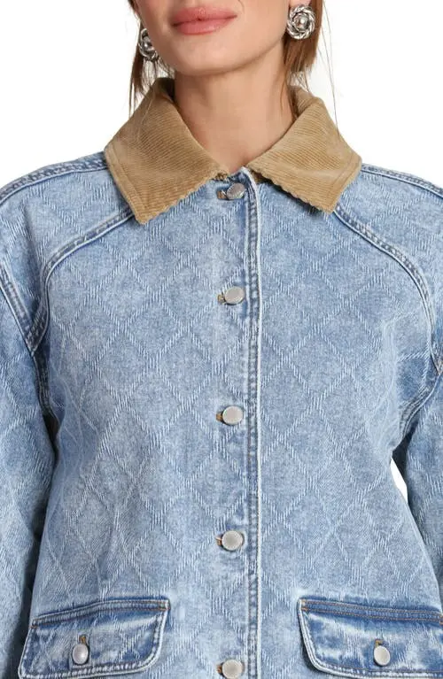 Avec Les Filles Relaxed Contrast Collar Barn Jacket - Light Wash Diamond