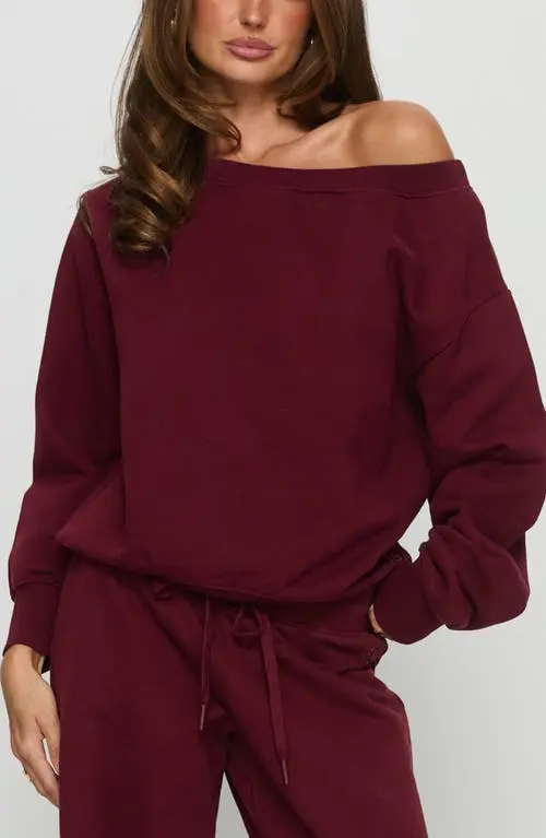 Princess Polly One-shoulder Long Sleeve Sweatshirt - Currant
