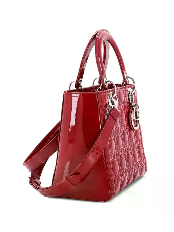 Dior Lady Cannage Quilt Patent Medium Satchel - Red