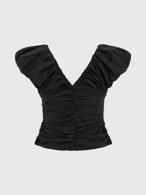 GANNI Ruched Cotton Top With Zip - Black