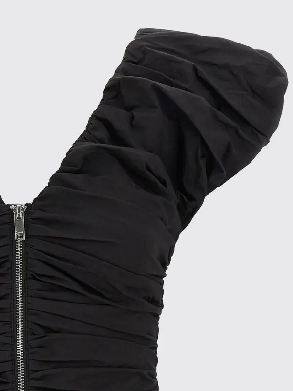 GANNI Ruched Cotton Top With Zip - Black