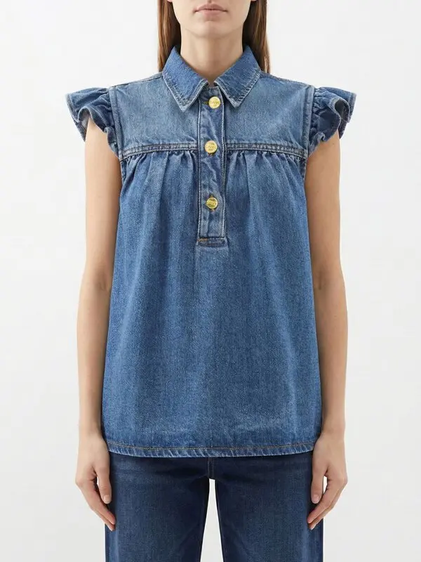 GANNI Sleeveless Denim Top With Ruffles - Blue