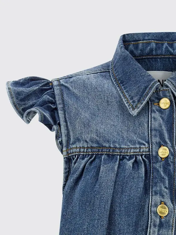 GANNI Sleeveless Denim Top With Ruffles - Blue