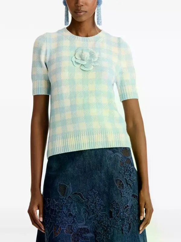 Oscar De La Renta Gingham-pattern Flower-appliqué T-shirt
