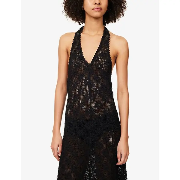 dissh black crochet dress Agnes Crochet Halter Sleeveless Midi Dress in Black By DISSH