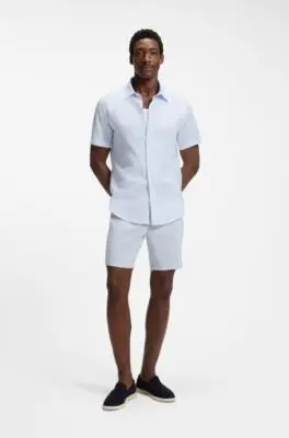 BOSS Floral-print Slim-fit Shirt In Stretch Linen - Light Blue