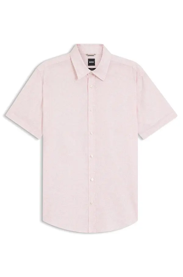 BOSS Floral-print Slim-fit Shirt In Stretch Linen - Light Pink