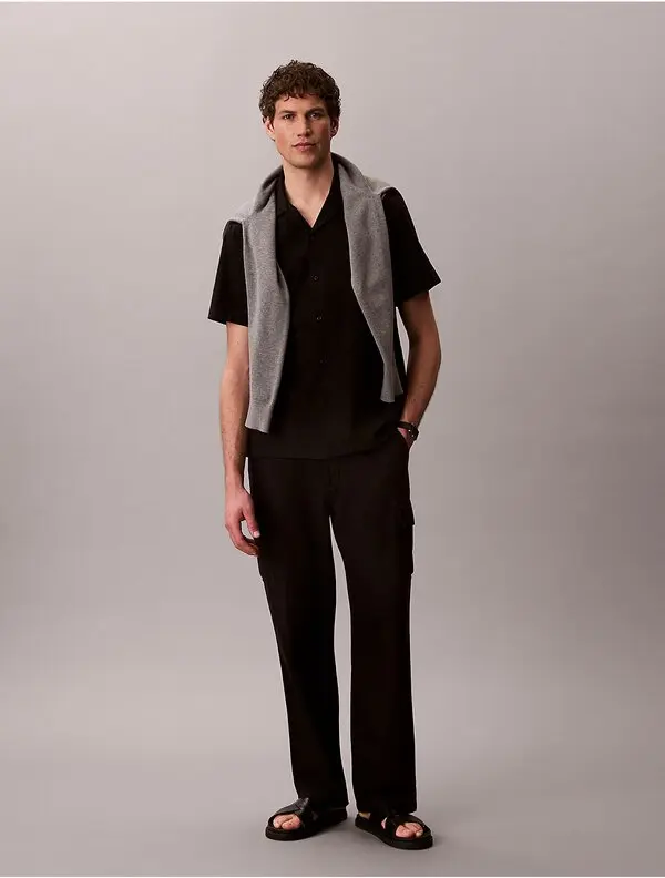 Calvin Klein Linen Cotton Short Sleeve Button-down Shirt - Black
