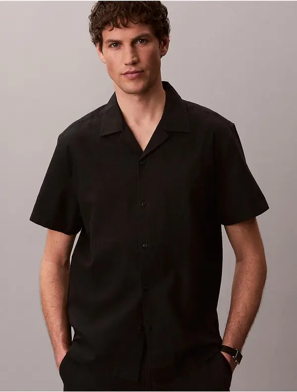 Calvin Klein Linen Cotton Short Sleeve Button-down Shirt - Black