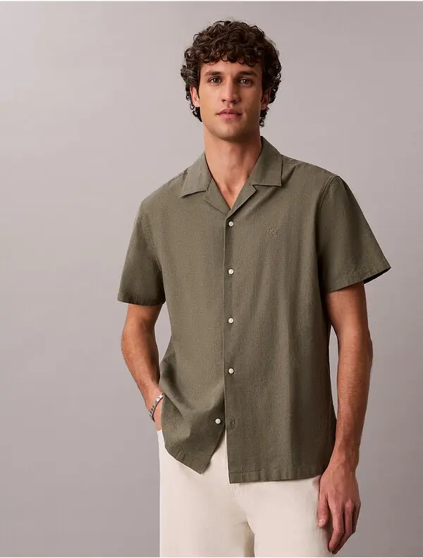 Calvin Klein Linen Cotton Short Sleeve Button-down Shirt - Dusty Olive