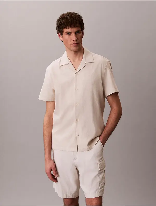 Calvin Klein Linen Cotton Short Sleeve Button-down Shirt - Oatmeal