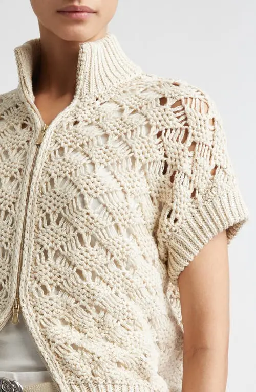 Eleventy Sequin Crochet Short Sleeve Cardigan