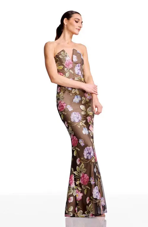 Dress The Population Fernanda Embroidered Floral Strapless Gown - Black  Multi | Editorialist