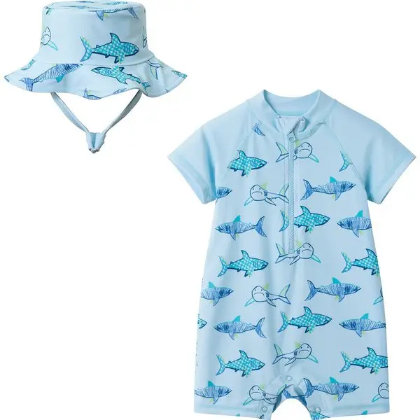 Andy & Evan Printed One-piece Swimsuit & Sun Hat Set - Aqua Shark