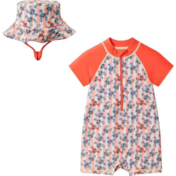 Andy & Evan Printed One-piece Swimsuit & Sun Hat Set - Orange Lobster