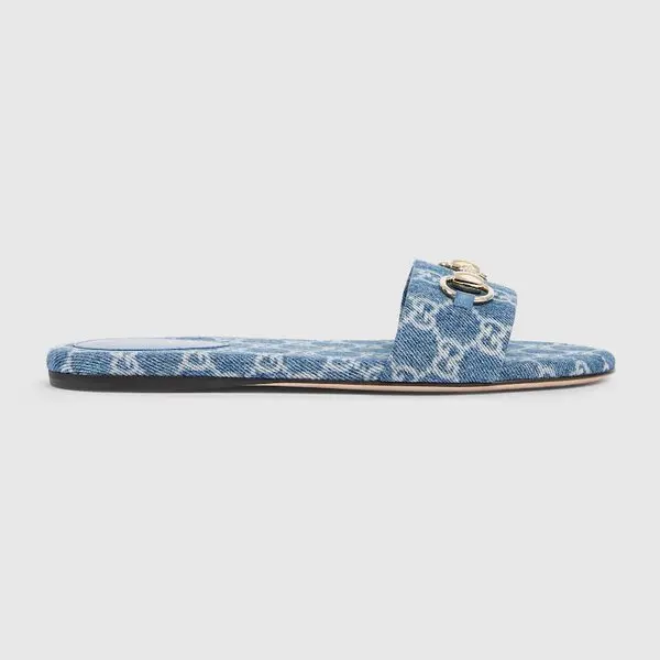 Gucci Horsebit Gg Denim Slide Sandal - Blue