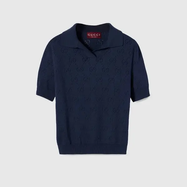 Gucci Gg Pointelle Cotton Silk Polo Shirt - Blue