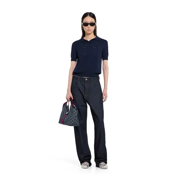 Gucci Gg Pointelle Cotton Silk Polo Shirt - Blue