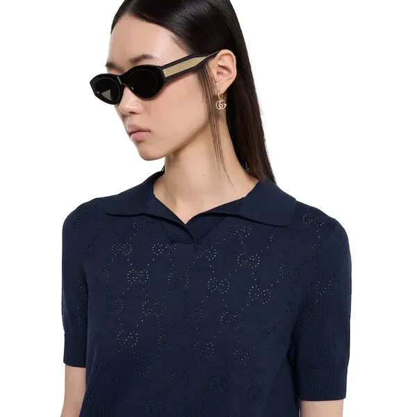 Gucci Gg Pointelle Cotton Silk Polo Shirt - Blue