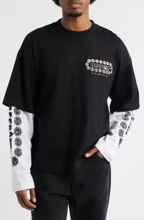 ICECREAM Jupiter Layered Long Sleeve Cotton Graphic T-shirt - Black