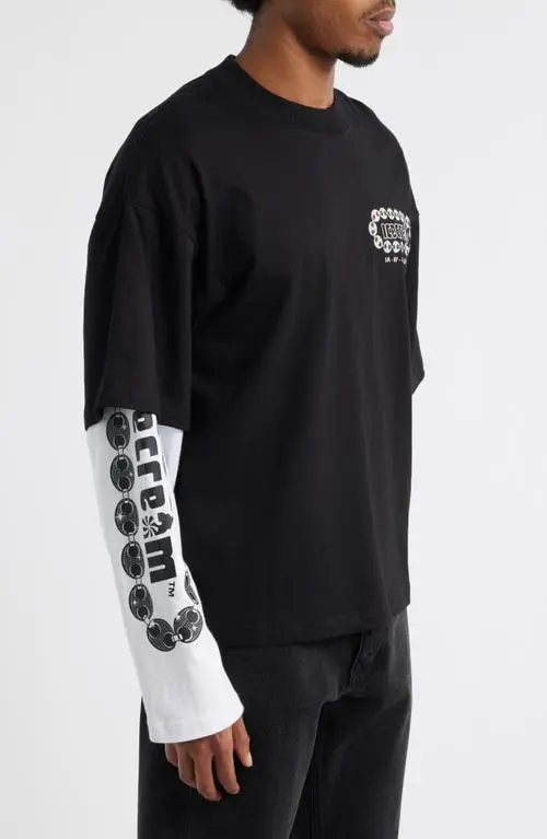 ICECREAM Jupiter Layered Long Sleeve Cotton Graphic T-shirt - Black