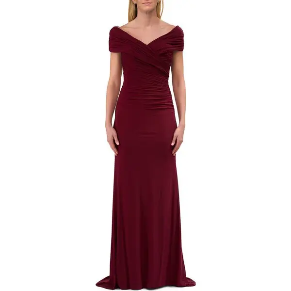 LABOMME Off The Shoulder Ruched Net Jersey Evening Dress - Dark Berry