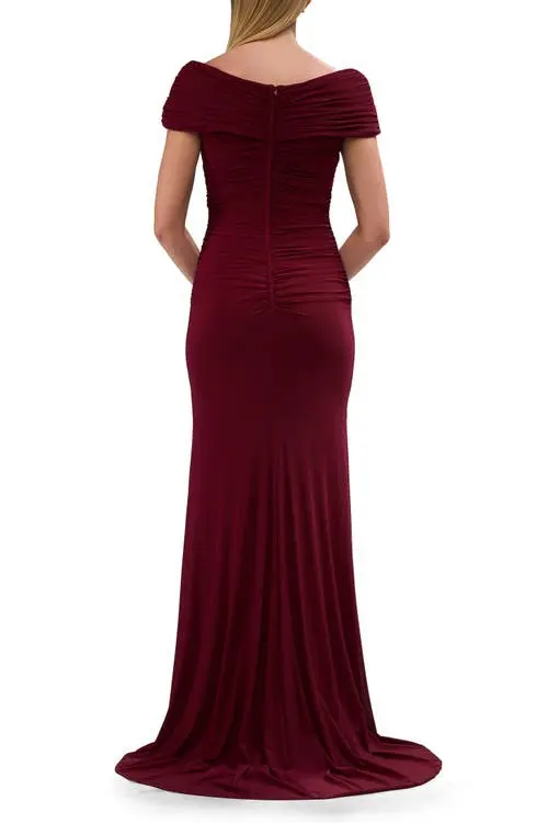 La Femme Off-the-shoulder Ruched Evening Dress - Dark Berry