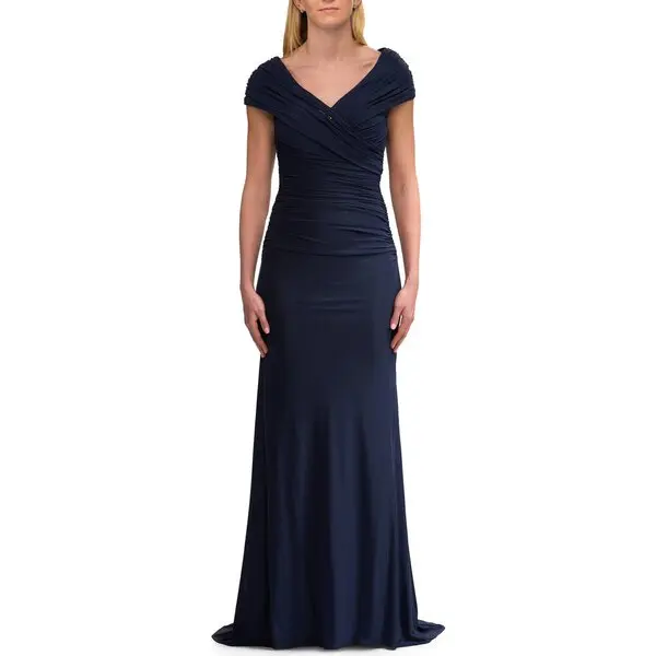 La Femme Off-the-shoulder Ruched Evening Dress - Navy