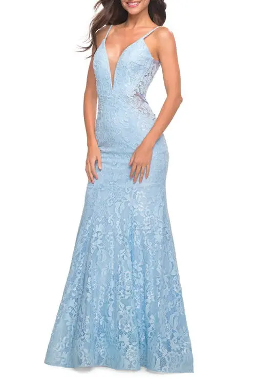 LABOMME Long Mermaid Lace Dress With Back Rhinestone Detail - Cloud Blue