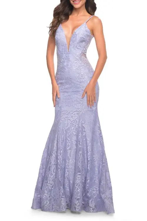LABOMME Long Mermaid Lace Dress With Back Rhinestone Detail - Light Periwinkle