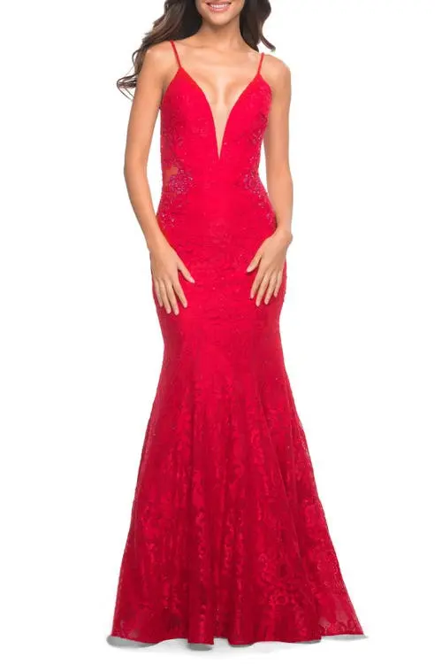 LABOMME Long Mermaid Lace Dress With Back Rhinestone Detail - Red