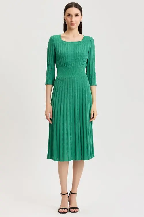 Ming Wang Linear Pointelle Knit Fit-n-flare Midi Dress - Kelly Green
