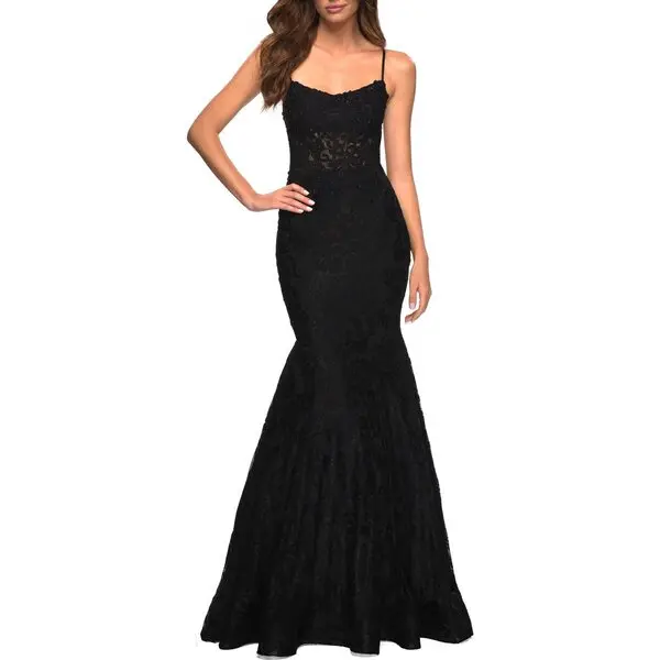 LABOMME Mermaid Lace Gown With Sheer Bodice And Open Back - Black