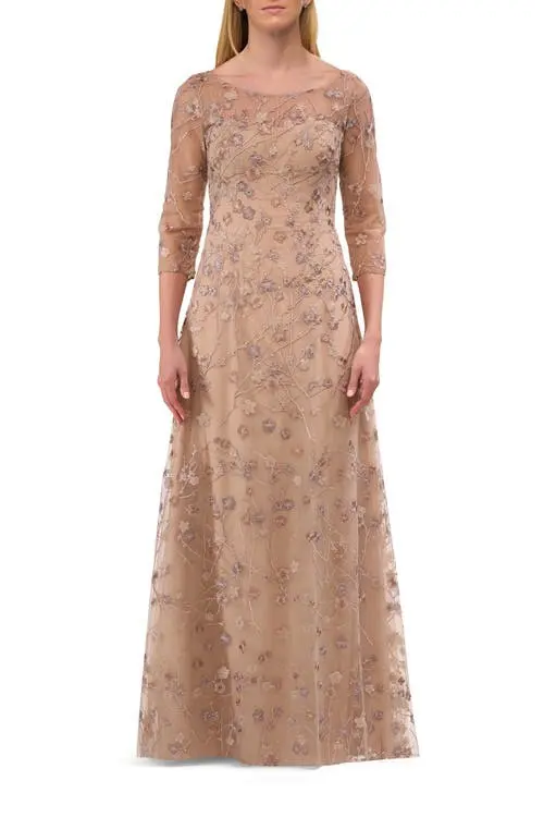 LABOMME Floral Long Gown With Illusion Neckline And Three Quarter Sleeves - Cocoa