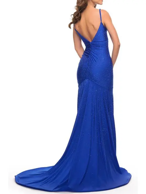 La Femme Jersey Rhinestone Gown With Train - Royal Blue