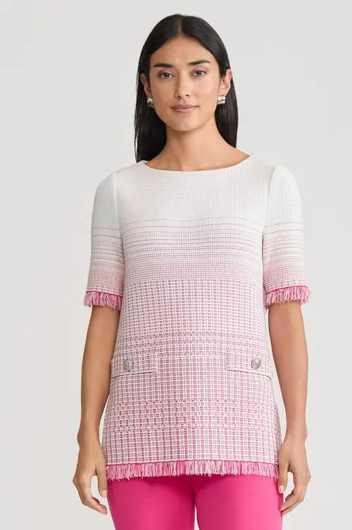 Ming Wang Ombre Fringe Trim Jacquard Knit Tunic