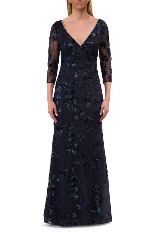 LABOMME Three Quarter Sleeve Sequin Lace Mother Of The Bride Dress - Navy