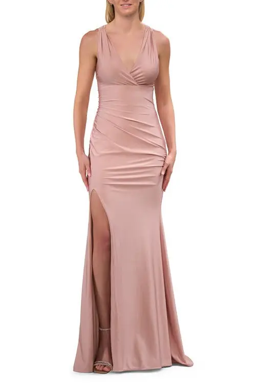 LABOMME Sleek Prom Dress With Deep V-neckline And Tie Back - Mauve