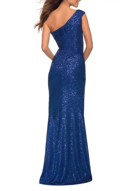 La Femme Sequin One-shoulder Gown